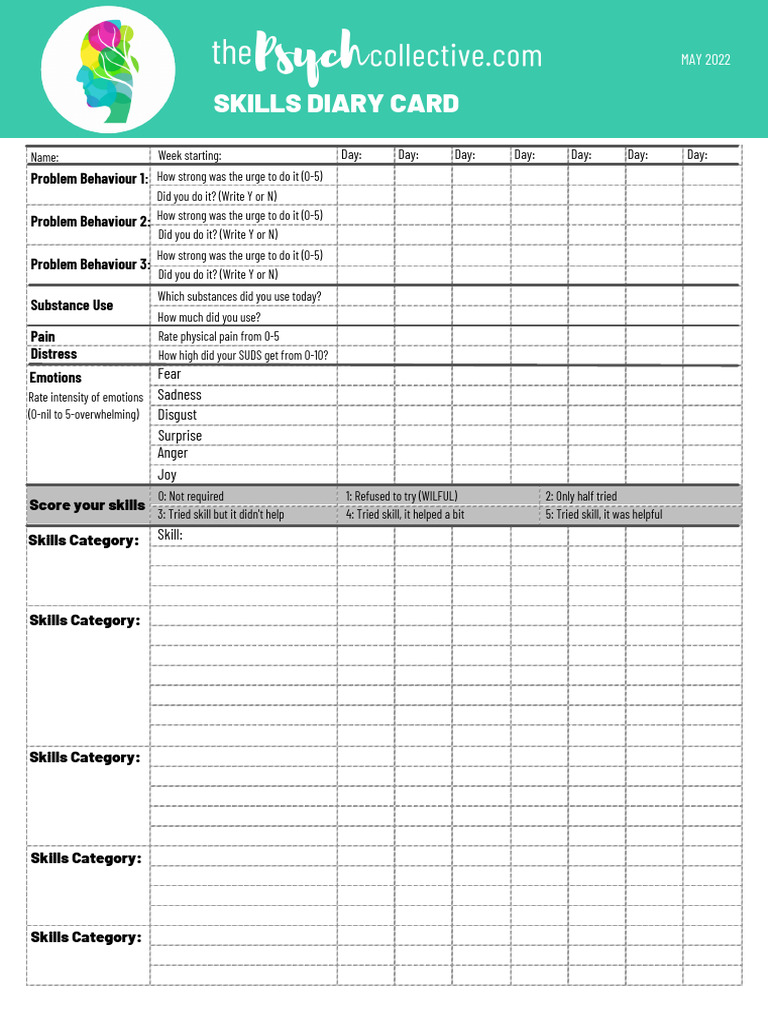 HANDOUT - Blank Skills Diary Card | PDF | Dialectical Behavior Therapy ...