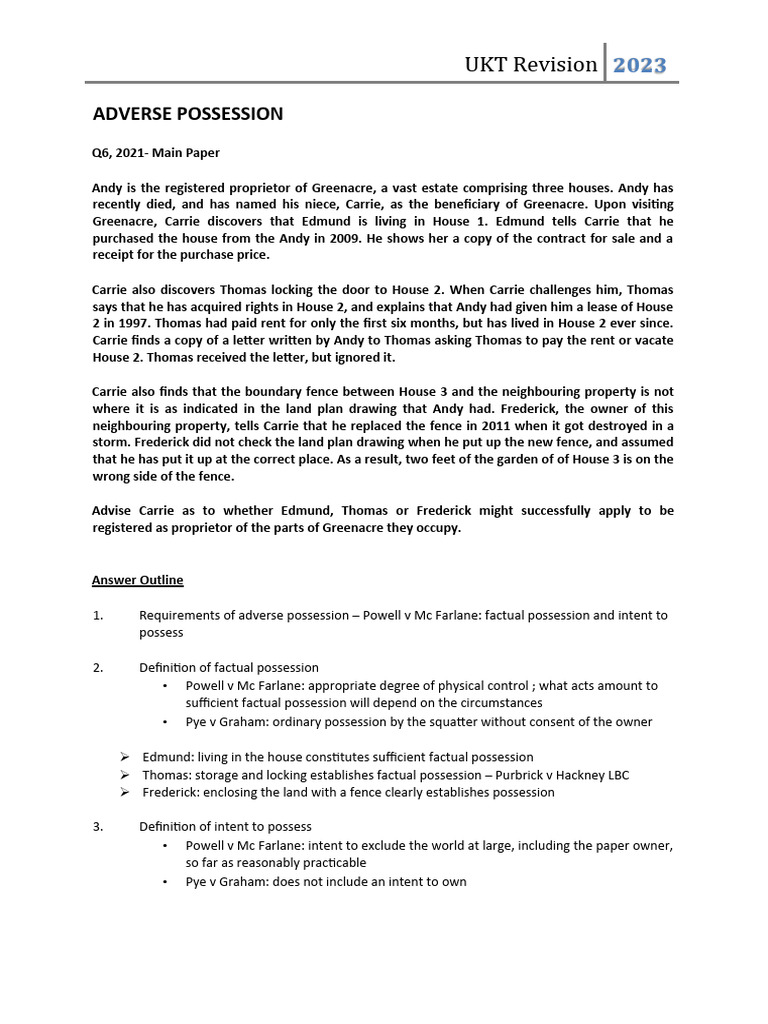 Adverse Possession PQ | PDF