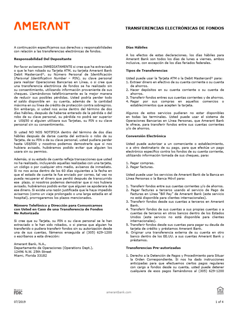Amerant - Transferencias Electrónicas de Fondos Julio 2019 | PDF | Tarjeta de débito ...