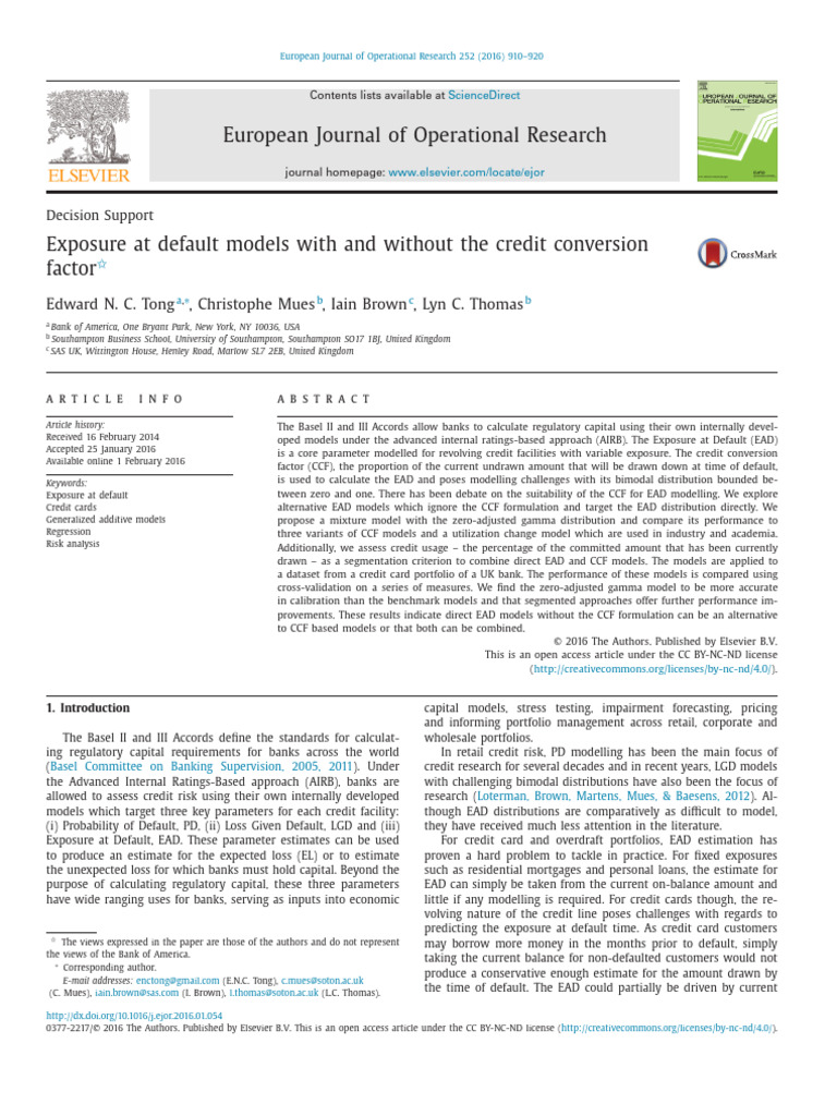 Exposure at Default Models With and Without TH - 2016 - European Journal of Oper | PDF ...