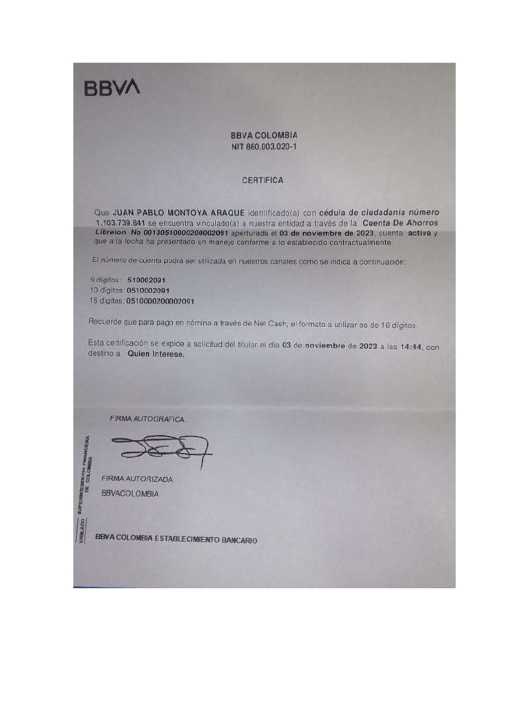 Certificado BBVA Juan Montoya | PDF