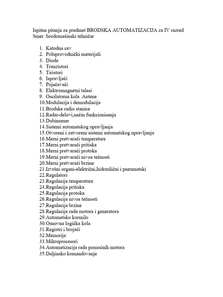 Brodska automatizacija za IV razred brodomasinci | PDF