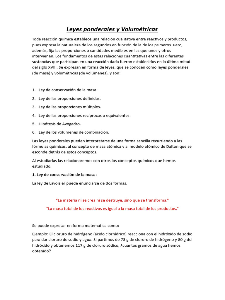 Leyes Ponderales y Volumétricas | PDF | Química | Compuestos químicos Leyes Ponderales y Volumétricas | PDF | Química | Compuestos químicos