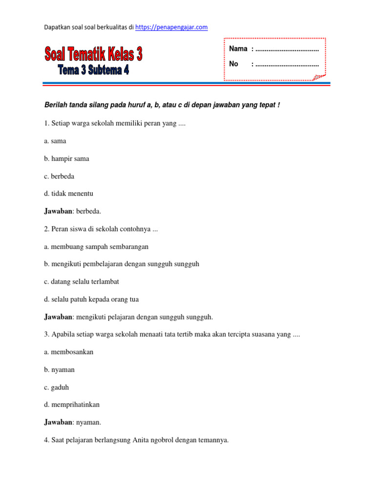 Soal Tematik Kelas 3 Tema 3 Subtema 3 Da | PDF