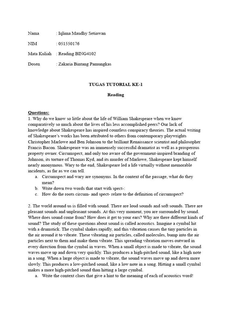 Iqlima Maudhy Setiawan - 051550176 - Tugas 1 - Reading - BING4102 | PDF
