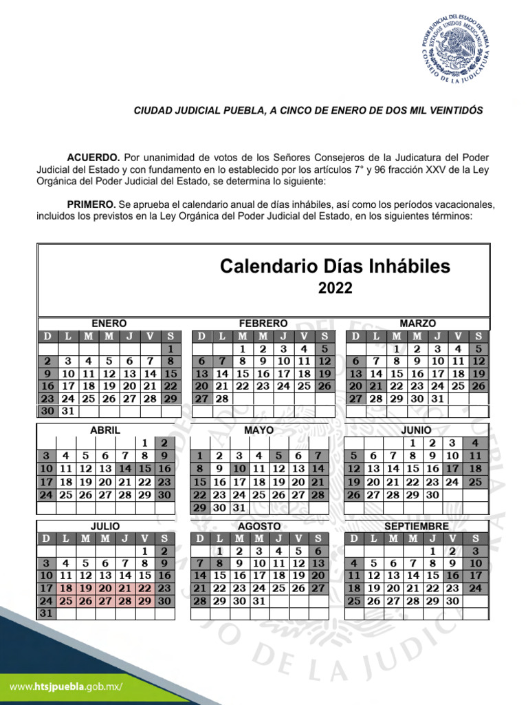Calendario Dias Inhabiles 2022 | PDF