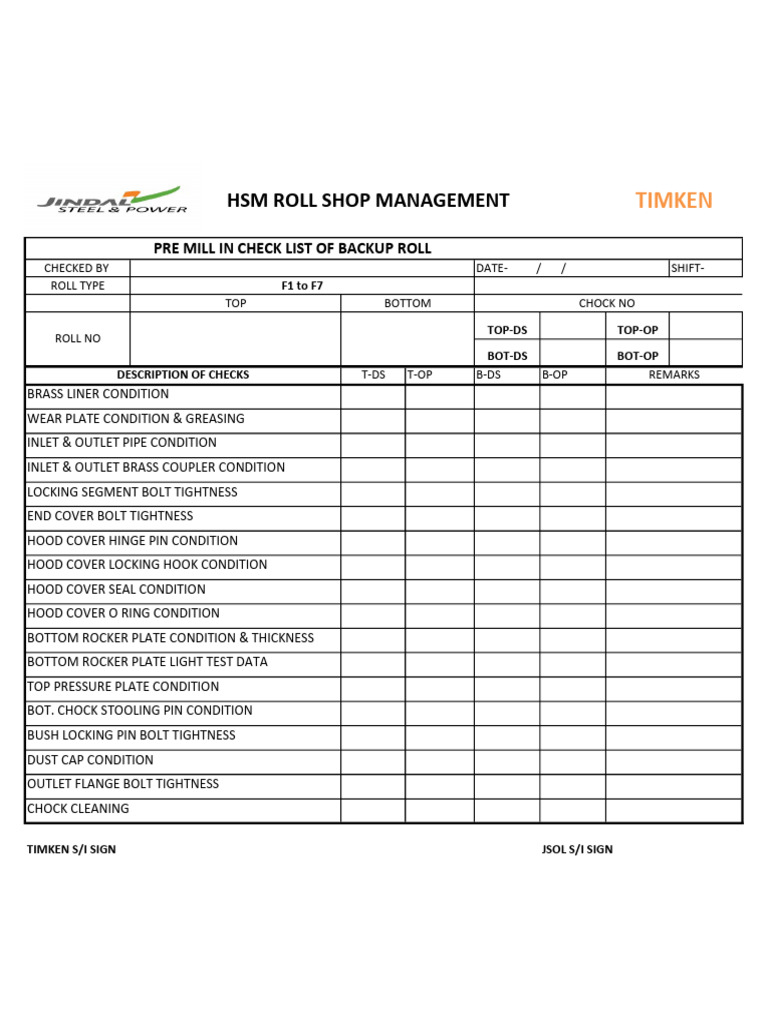 Bur Pre Mill Checklist Jsol HSM Roll Shop | PDF