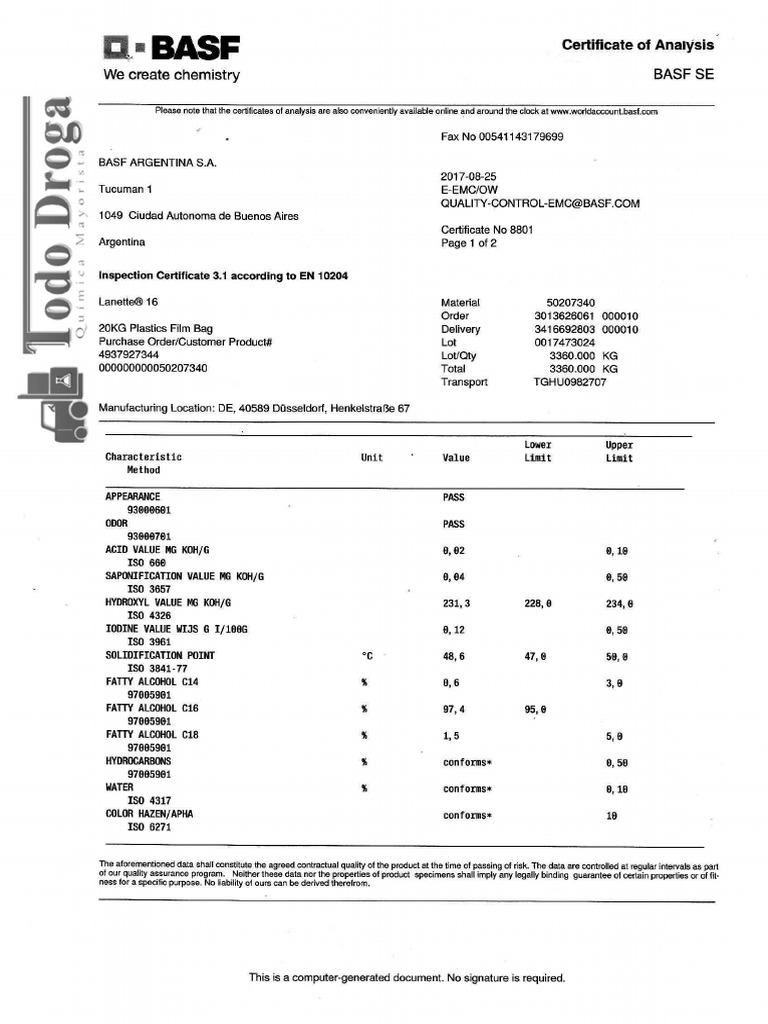 Cetyl Stearyl Alcohol Basf | PDF