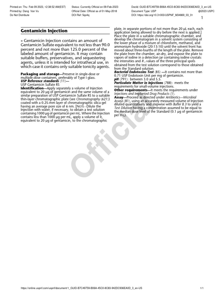 Gentamicin Injection USP Guide | PDF