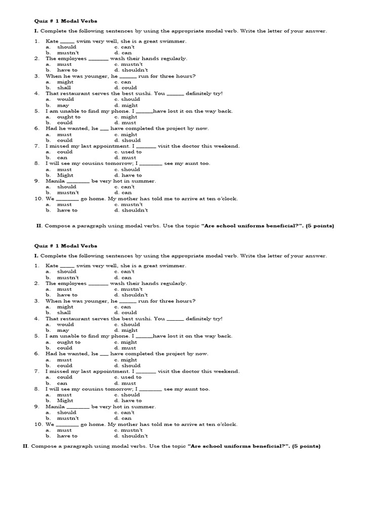 Quiz#1 Modals | PDF | Language Mechanics | Linguistic Typology