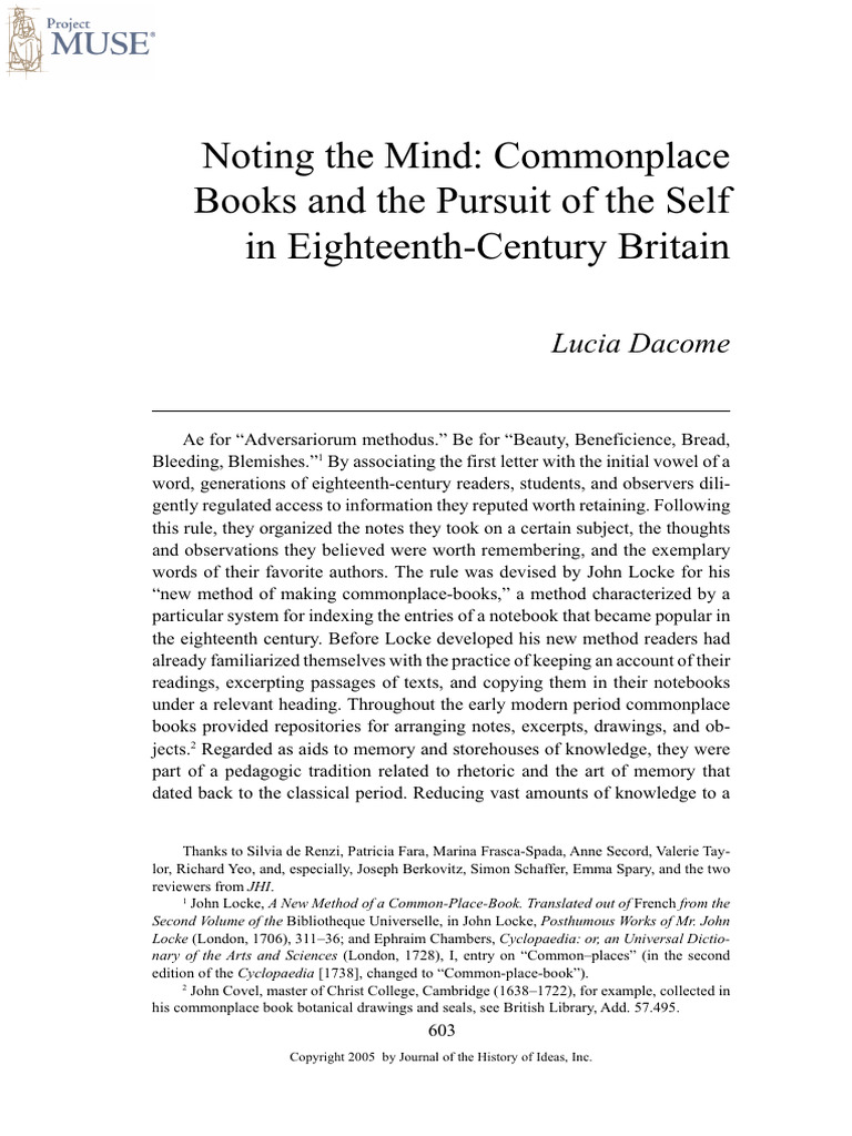 NOTING The MIND Commonplace Books and The Pursuit of The Self in ...