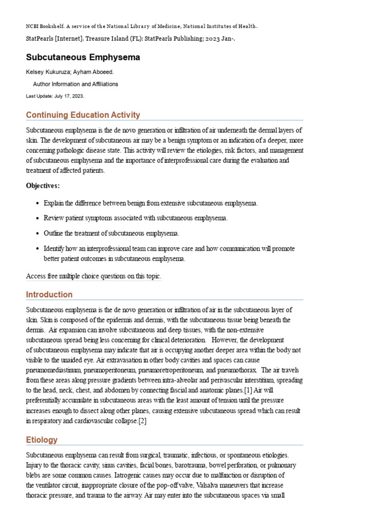 Subcutaneous Emphysema - StatPearls - NCBI Bookshelf | PDF