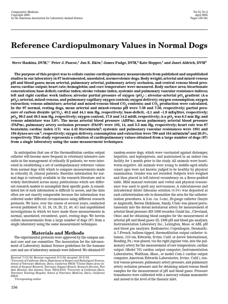 Reference Cardiopulmonary Values in Normal Dogs | PDF