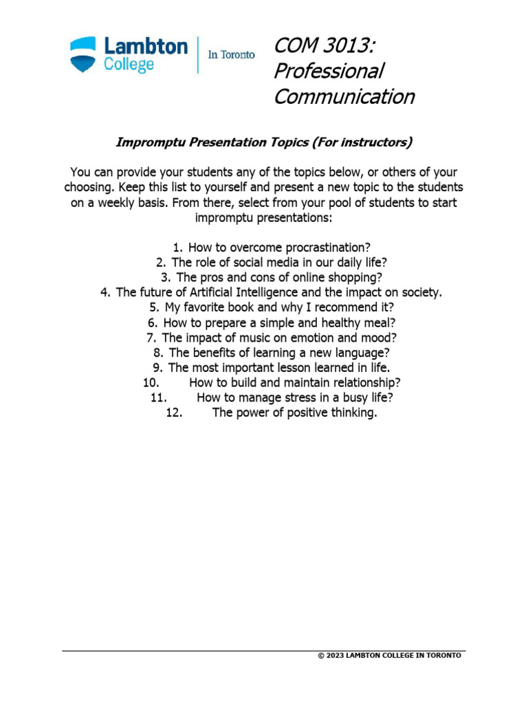 COM3013 - Impromptu Presentation Topics | PDF