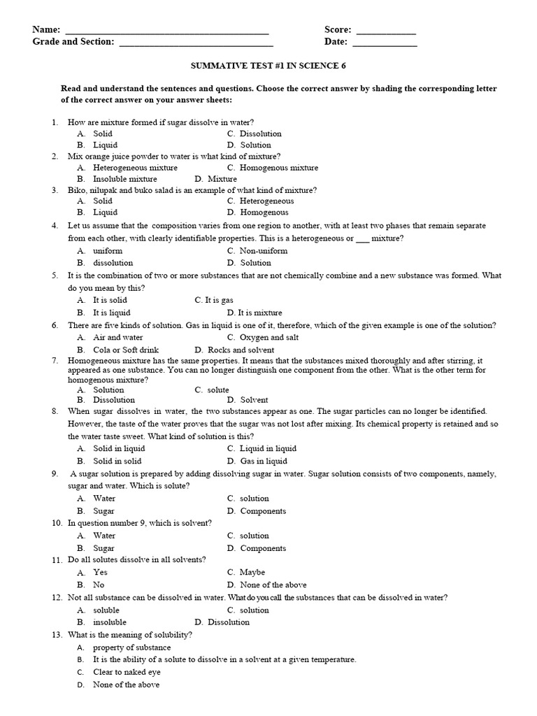 1ST SUMMATIVE TEST IN SCIENCE 6 WITH TOS AND KEY TO CORRECTION New ...