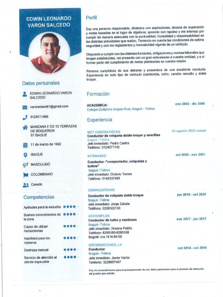 Hoja de Vida de Edwin | PDF