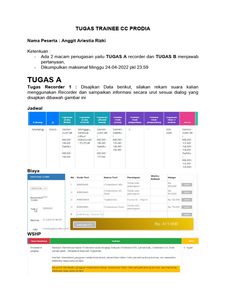 Tugas Trainee CC Prodia - SMG | PDF