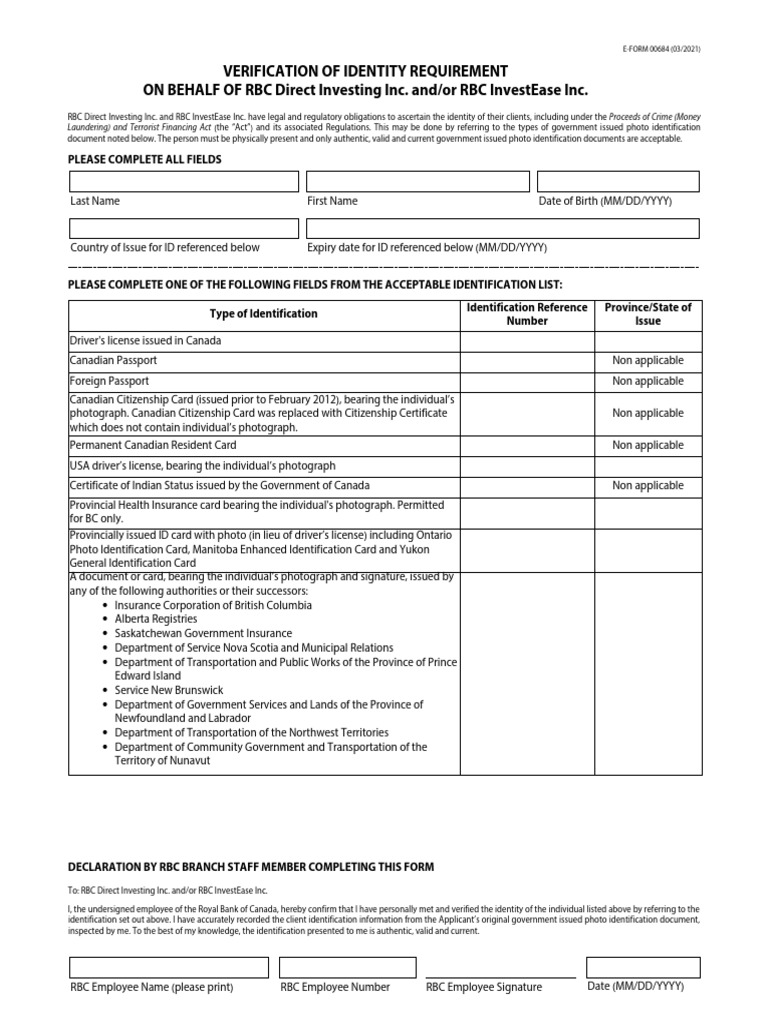 RBC Identity Verification Form | PDF | Identity Document | Government
