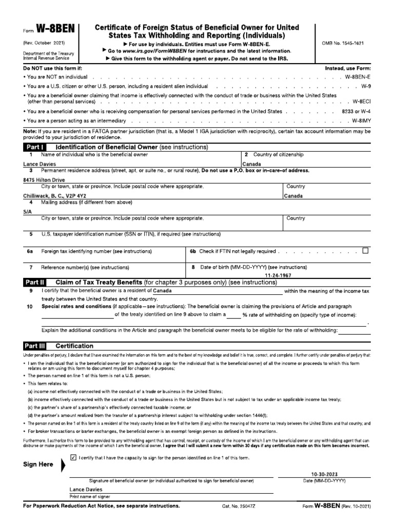RBC Direct - W-8BEN Form | PDF