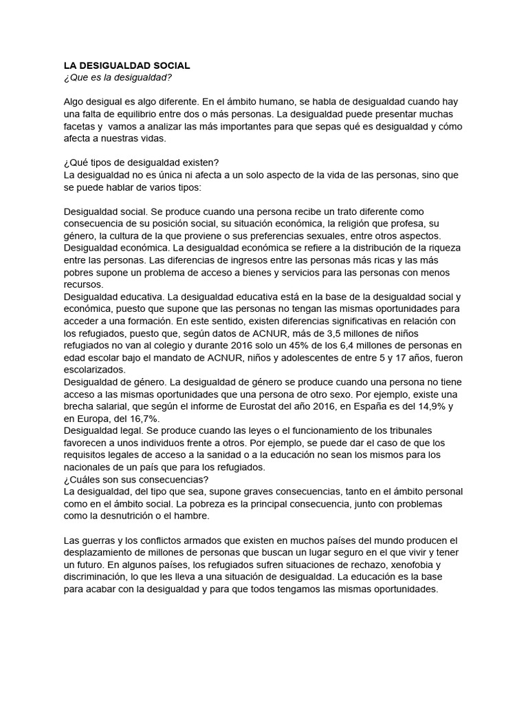 Tipos y Consecuencias de Desigualdad | PDF | Desigualdad económica ...