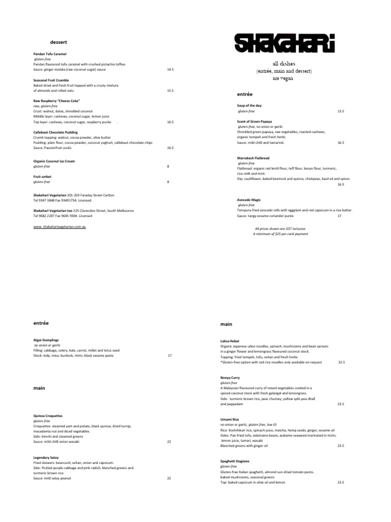 Shakahari Carlton Menu April2021 | PDF | Tofu | Desserts