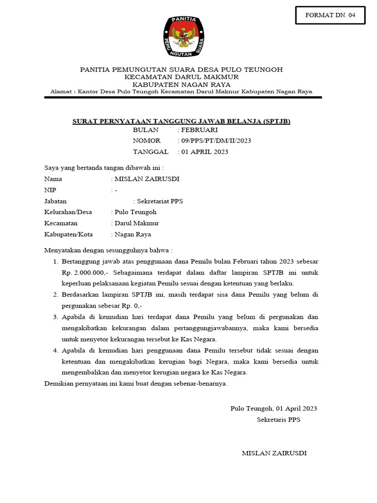 Dn. 04 Surat Pernyataan Tanggung Jawab Belanja (SPTJB) Kpps | PDF