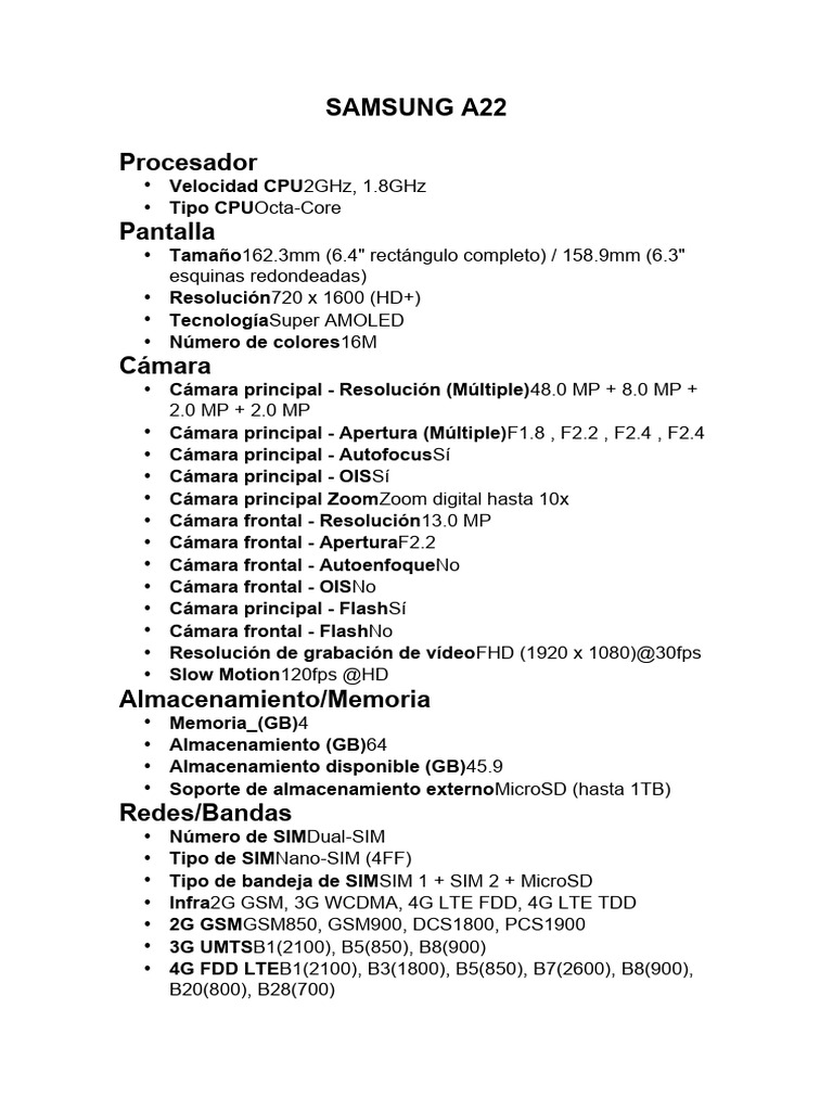 Ficha Técnica Samsung Galaxy A22 | PDF