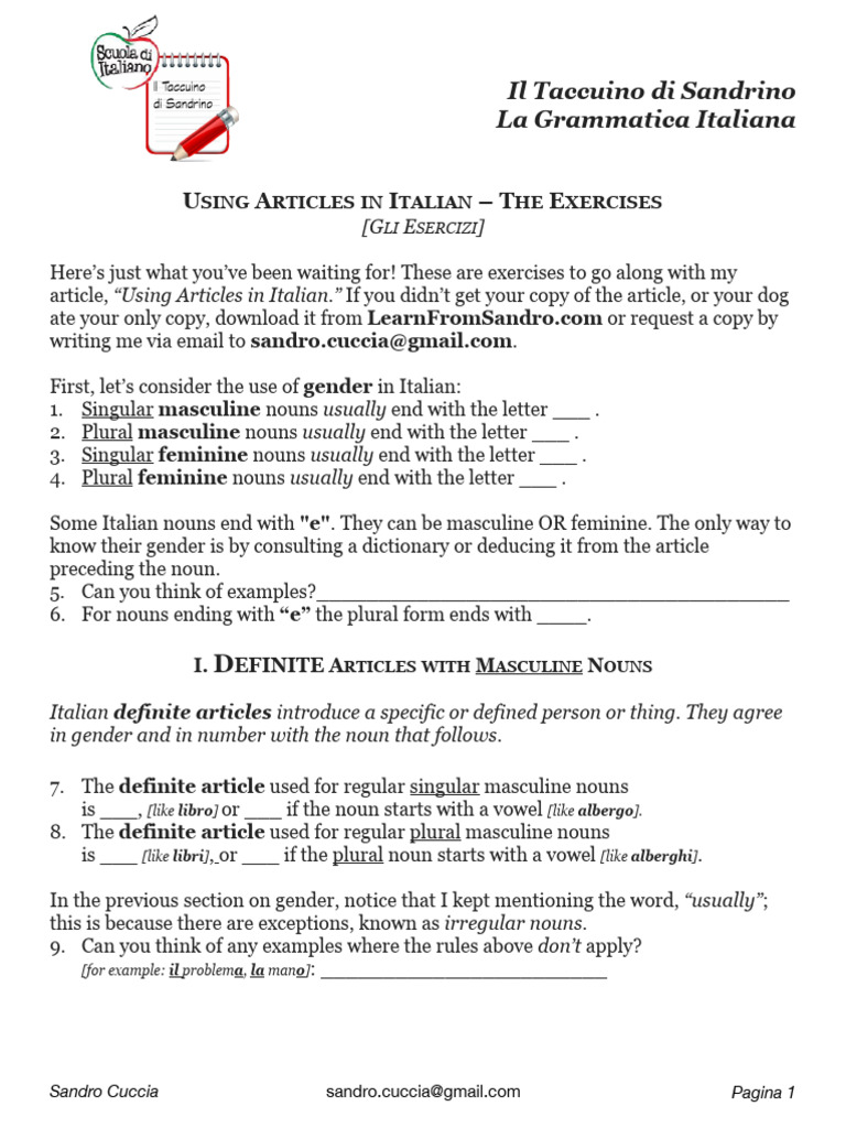 Art. Using Articles in Italian EXERCISES SOLUTIONS - Pages | PDF