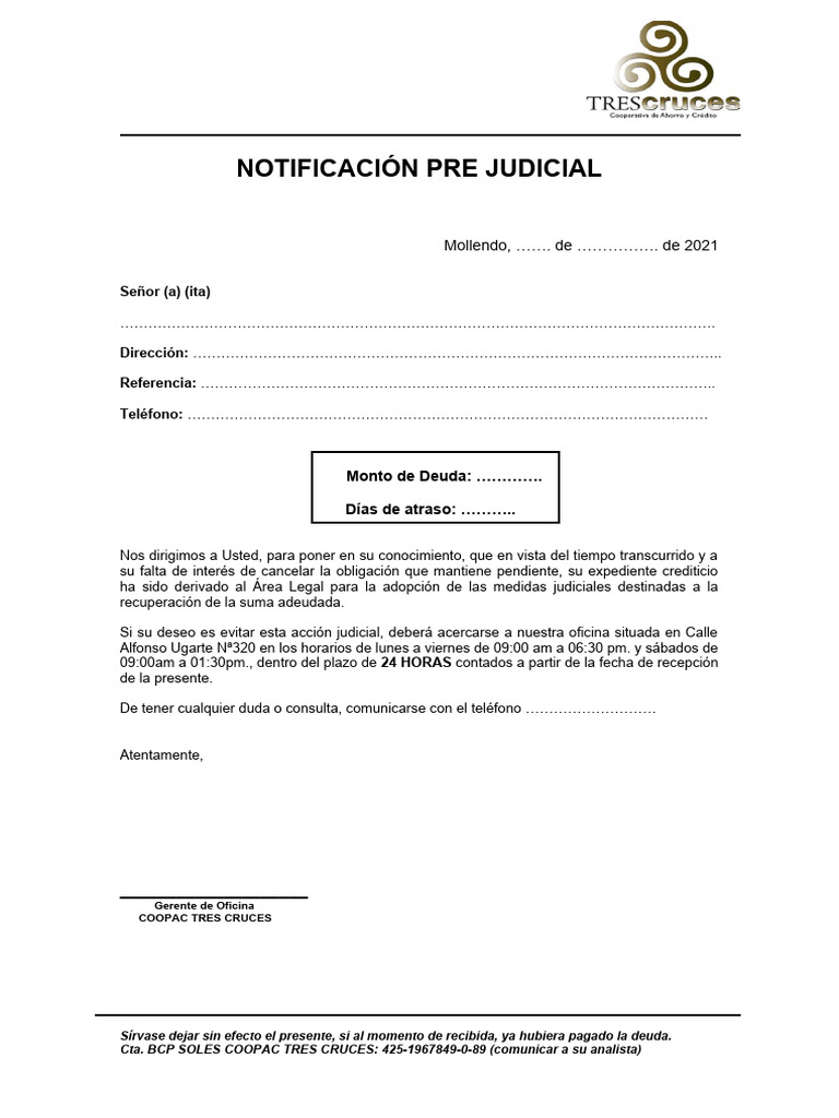 Notificación Pre Judicial (61-90 días) | PDF