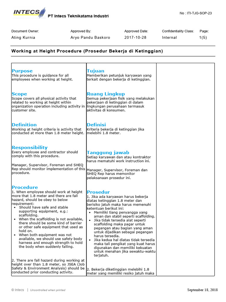 Working at Height Procedure - Prosedur Bekerja Di Ketinggian | PDF