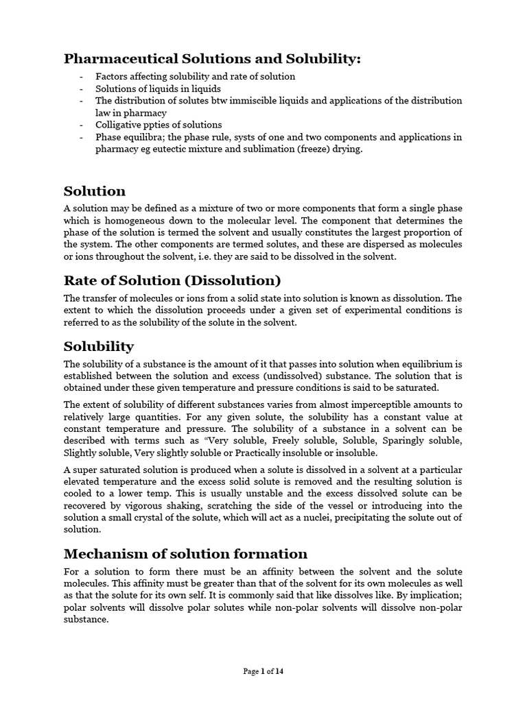 Understanding Solubility in Pharmacy | PDF | Solubility | Phase (Matter)