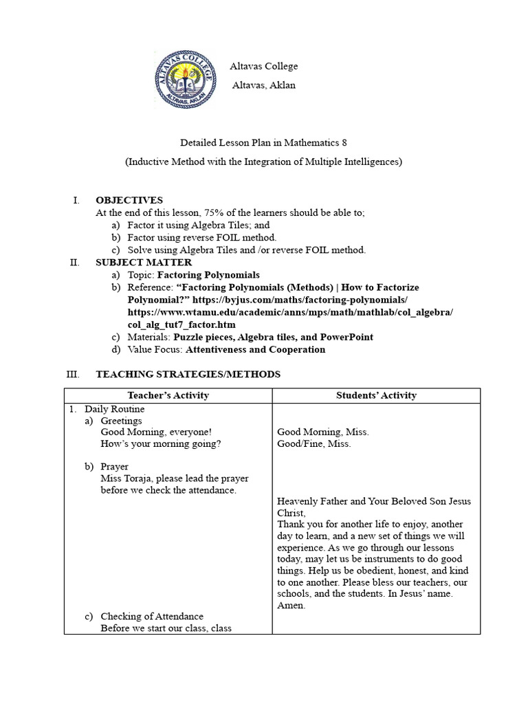 Lesson Plan Factoring | PDF | Factorization | Algebra
