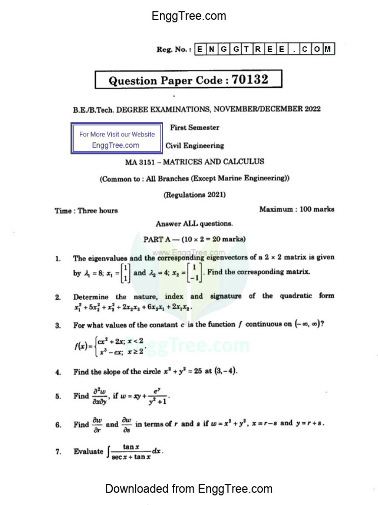 MA3151 Martics and Calculus Nov Dec 2022 Question Paper Download | PDF