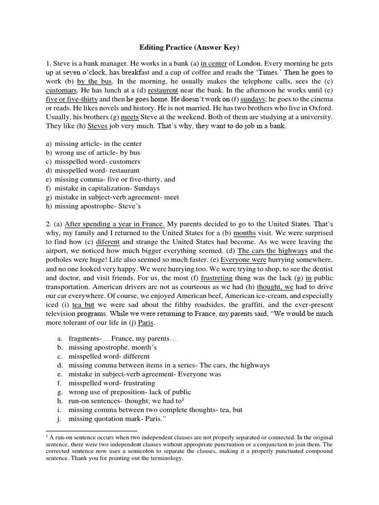 Editing Practice_Answer Key | PDF | Grammar | Language Mechanics
