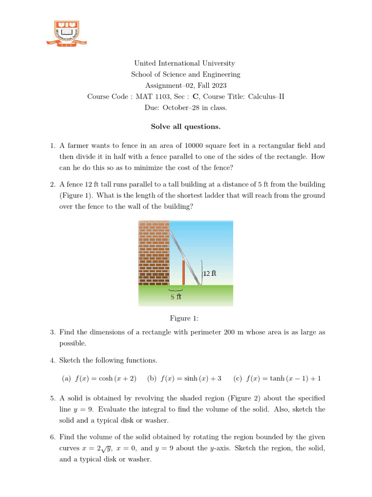 Calculus-II Assignment: Optimization & Volume | PDF | Area | Mathematics