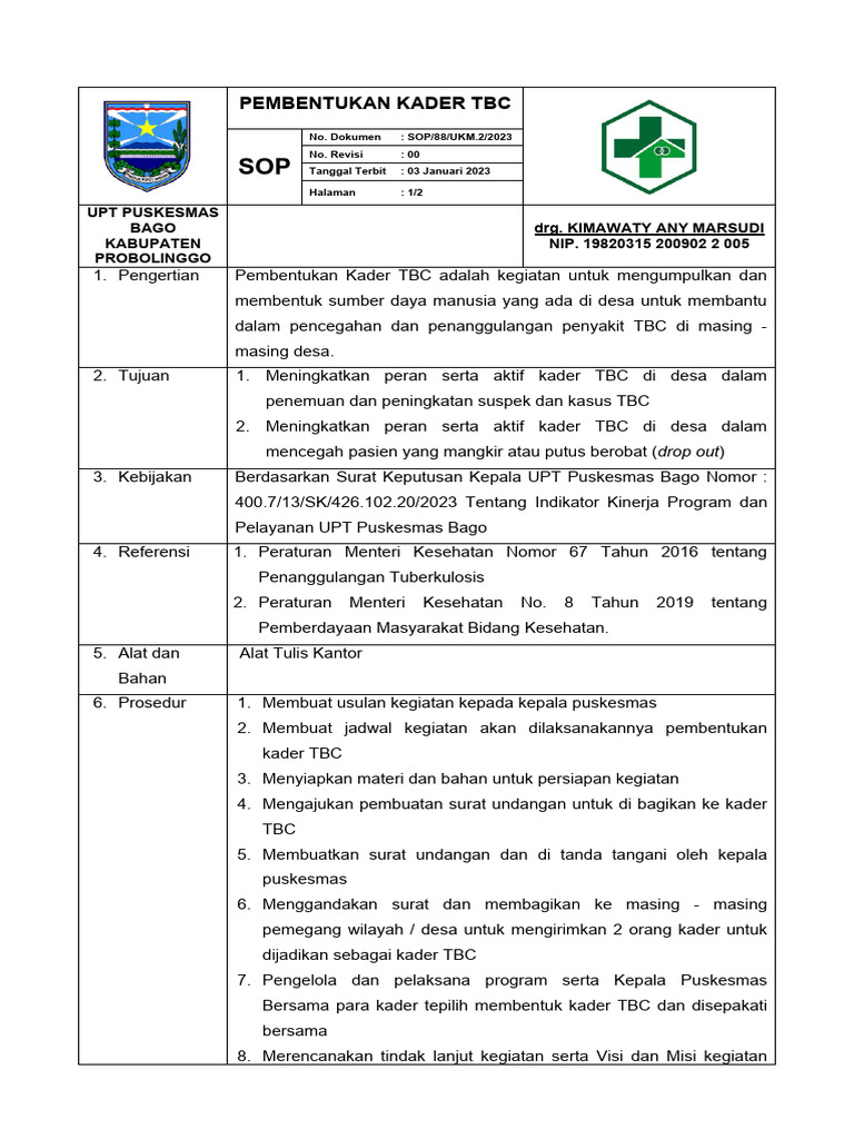 Sop Pembentukan Kader TBC | PDF | Kesehatan Holistik | Sains & Matematika