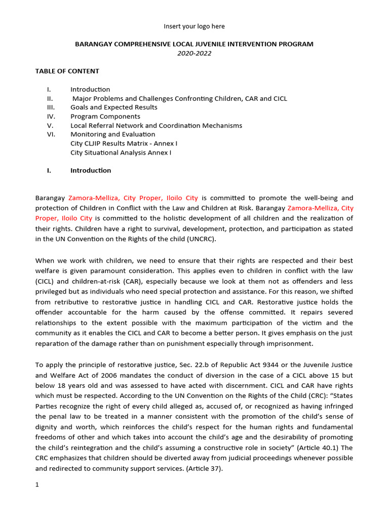 Barangay Comprehensive Local Juvenile Intervention Programbcljip | PDF