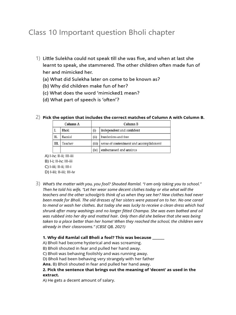 Class 10 Important question Bholi chapter | PDF