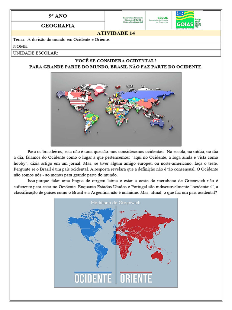 Atividade 9°ano-GEO-A-divisao-do-mundo-em-Ocidente-e-Oriente | PDF ...