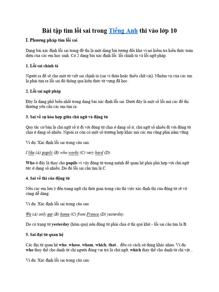 Tim Loi Sai Tieng Anh Thi Vao Lop 10 | PDF