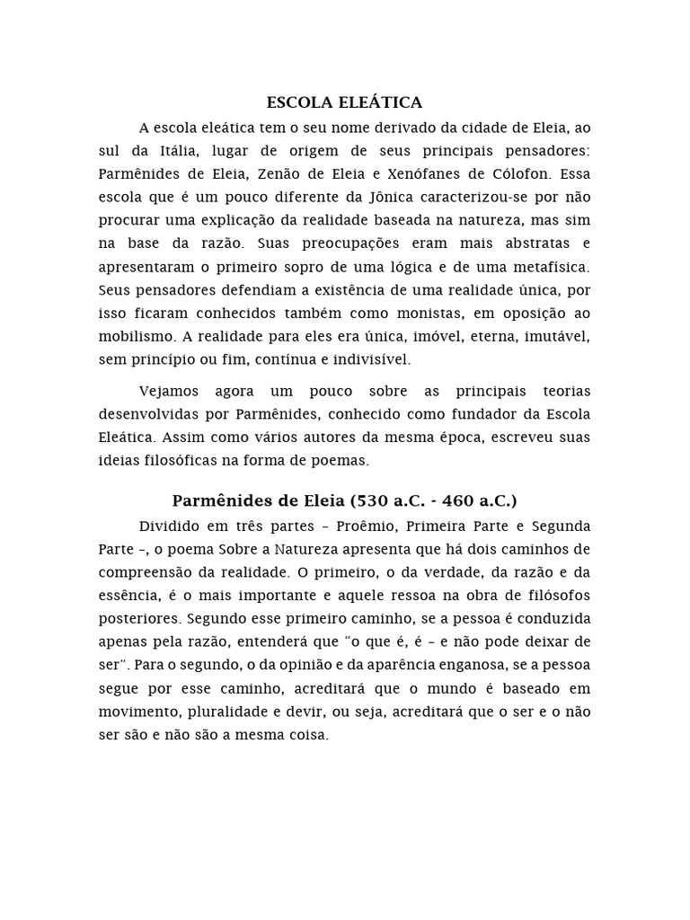 Filosofia da Escola Eleática: Monismo e Paradoxos | PDF | Metafísica