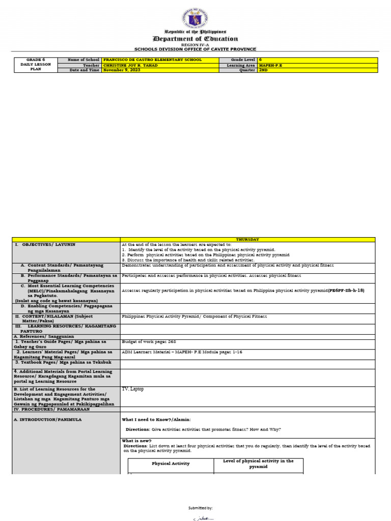 Q2 - Mapeh-P.e-Week1 Day4 | PDF | Learning | Teachers