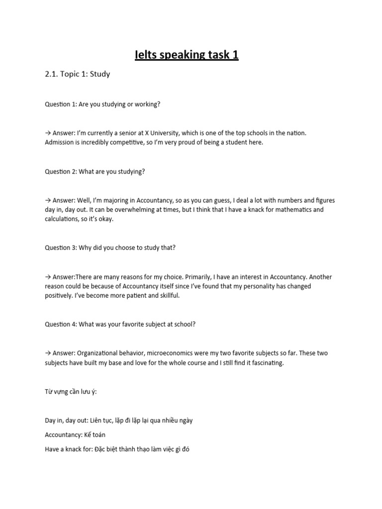 Ielts Speaking Task 1: 2.1. Topic 1: Study | PDF
