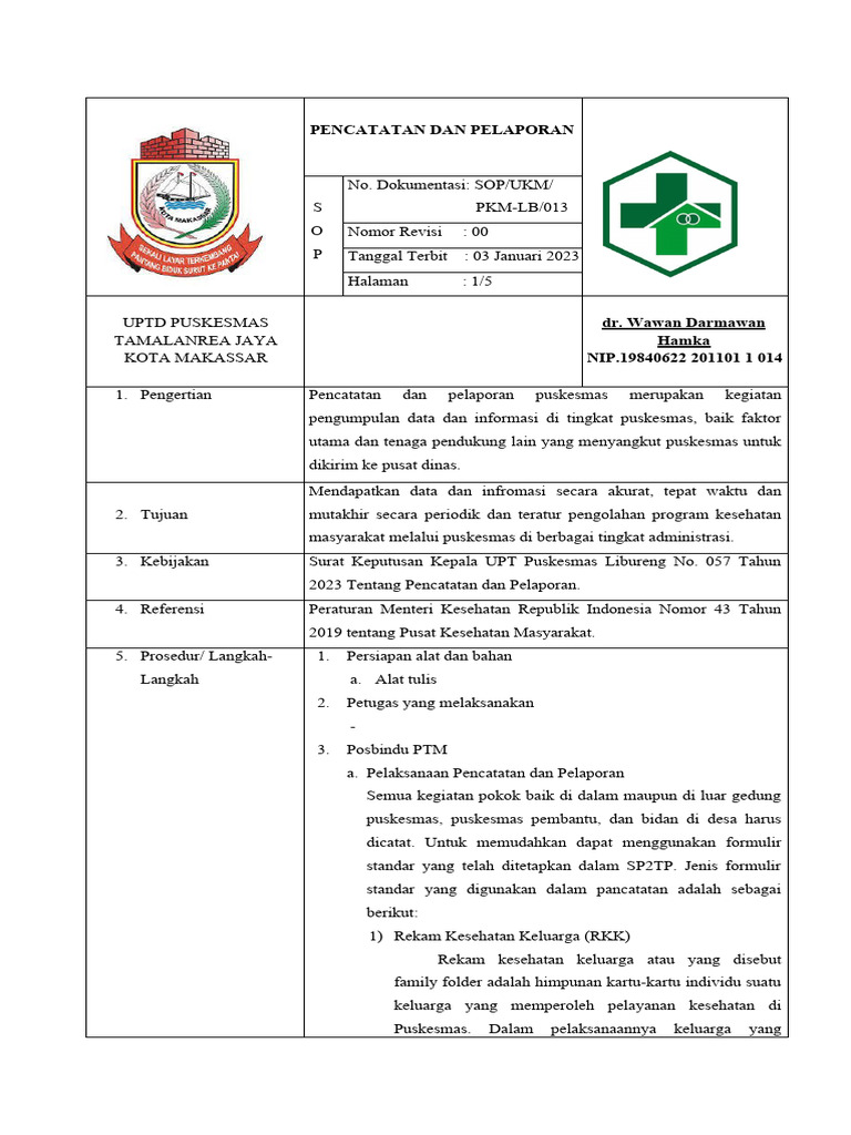 Sop Pencatatan Pelaporan | PDF