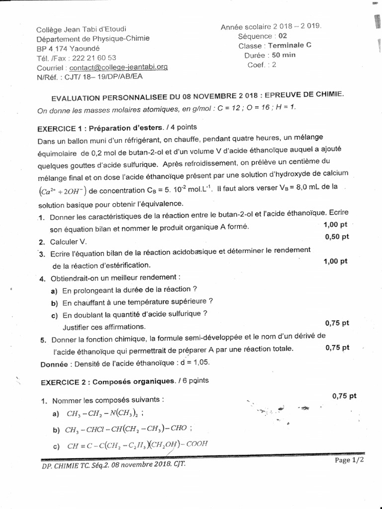 Coll Jean Tabi Chimiecorrigé TC Seq2 2019 | PDF