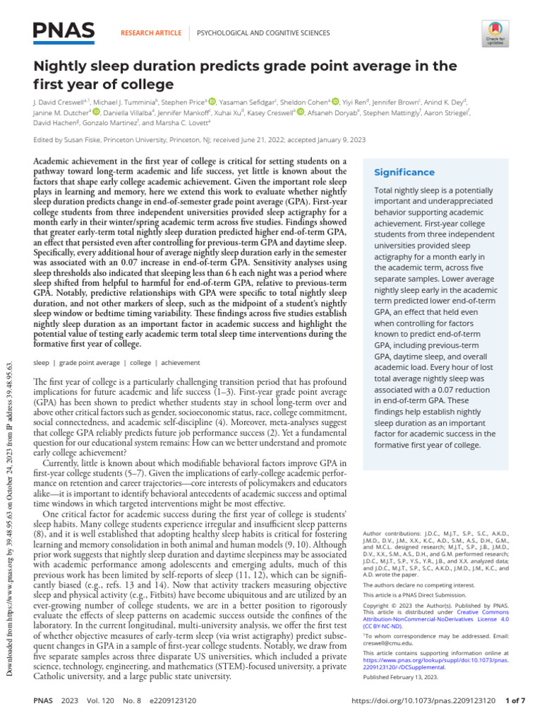 Sleep Duration Impacts College GPA | PDF | Sleep | Neuroscience