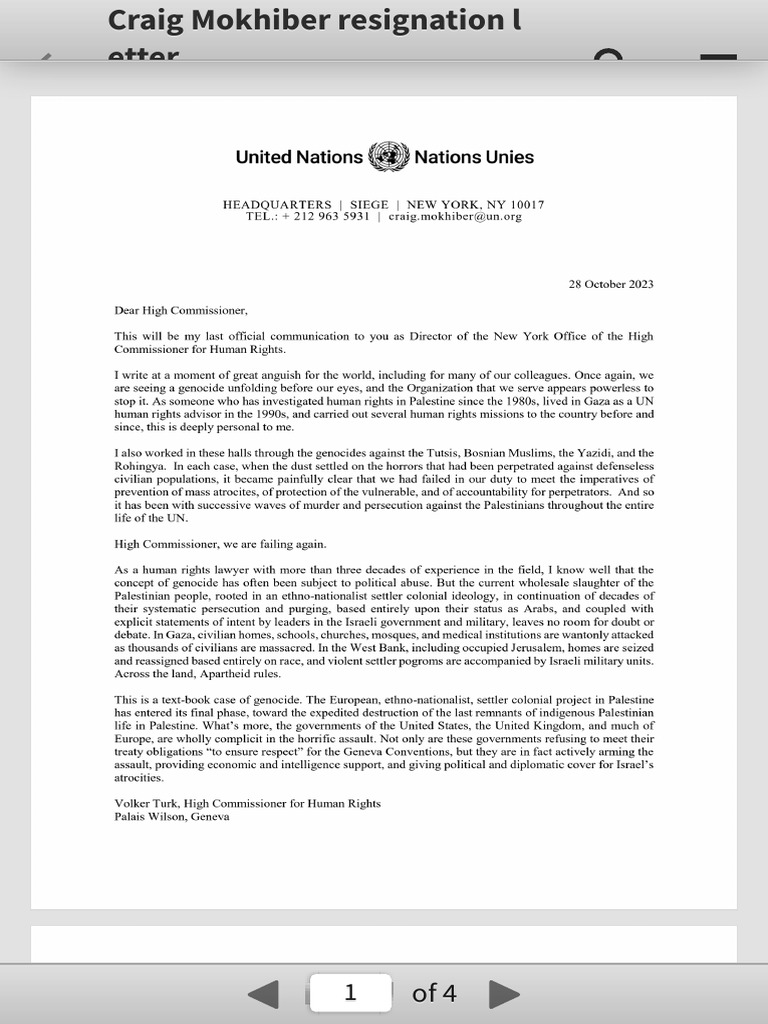 Craig Mokhiber Resignation Letter - DocumentCloud | PDF