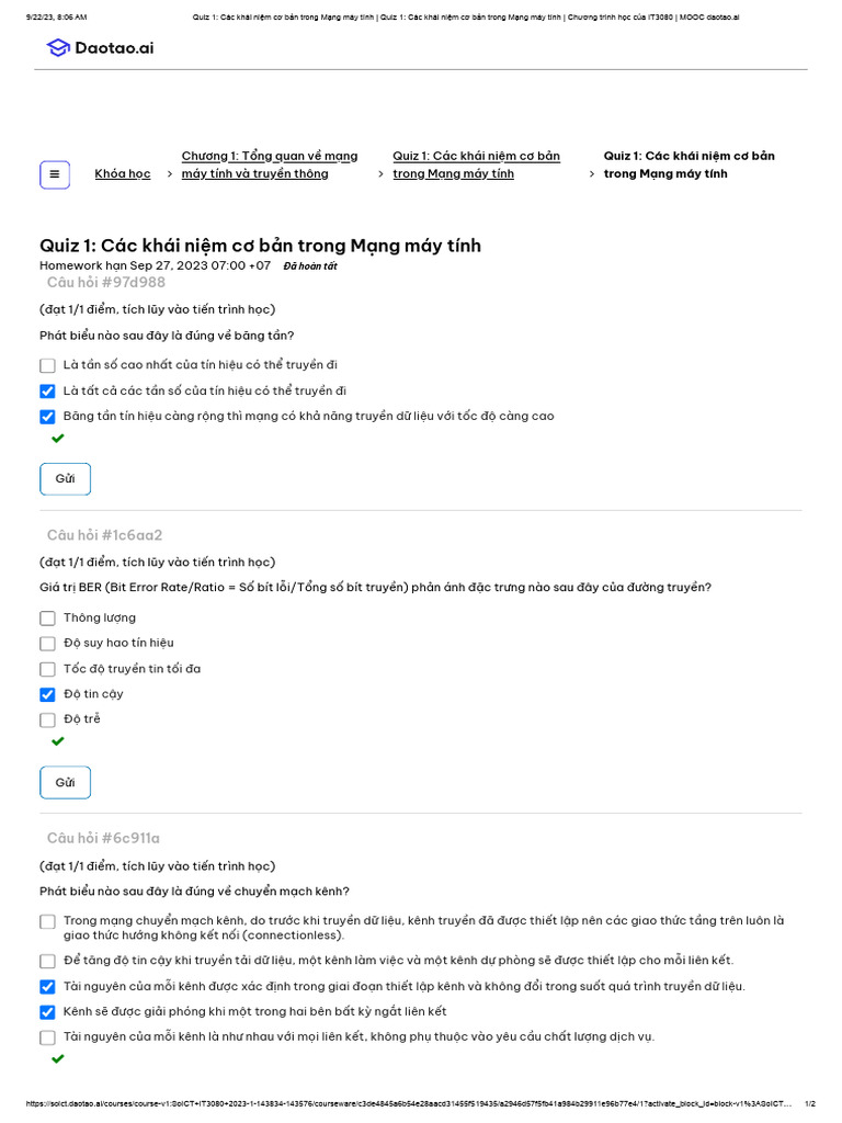 Quiz 1 - Các khái niệm cơ bản trong Mạng máy tính - Quiz 1 - Các khái ...