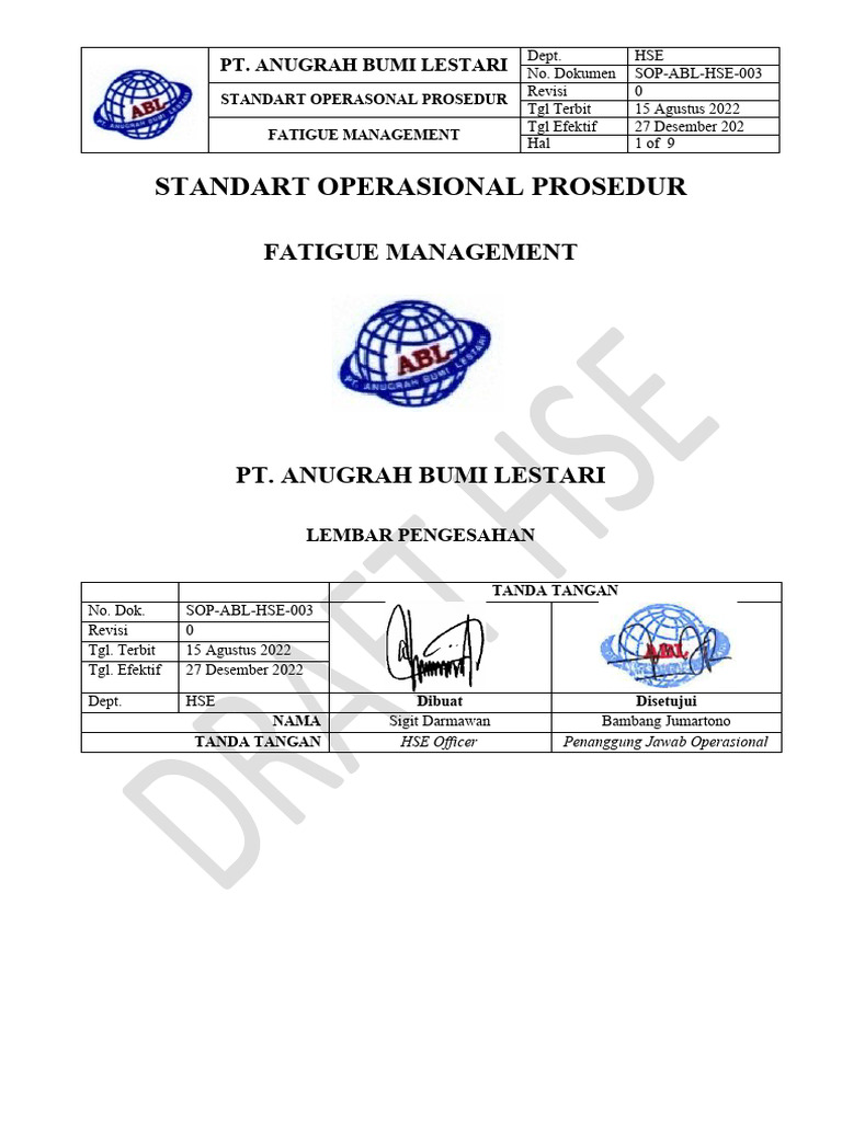 Sop-Abl-Hse 003 Fatigue Management | PDF