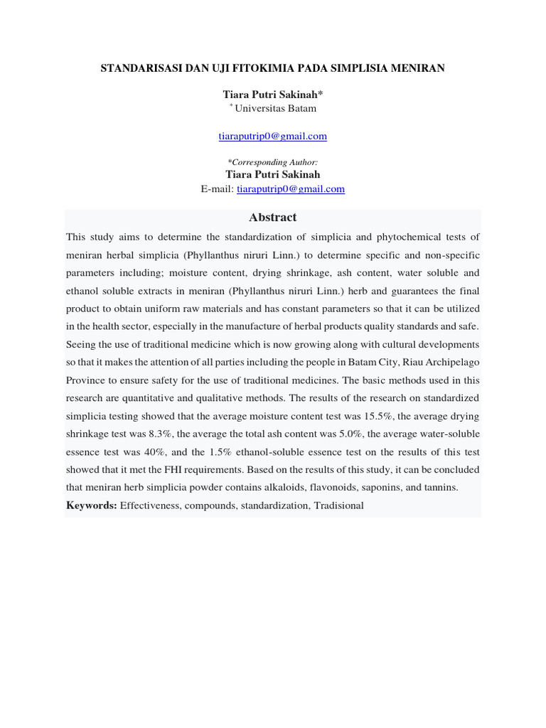 Jurnal Farmakognosi Uji Standarisasi Dan Fitokimia Pada Simplisia Herba ...